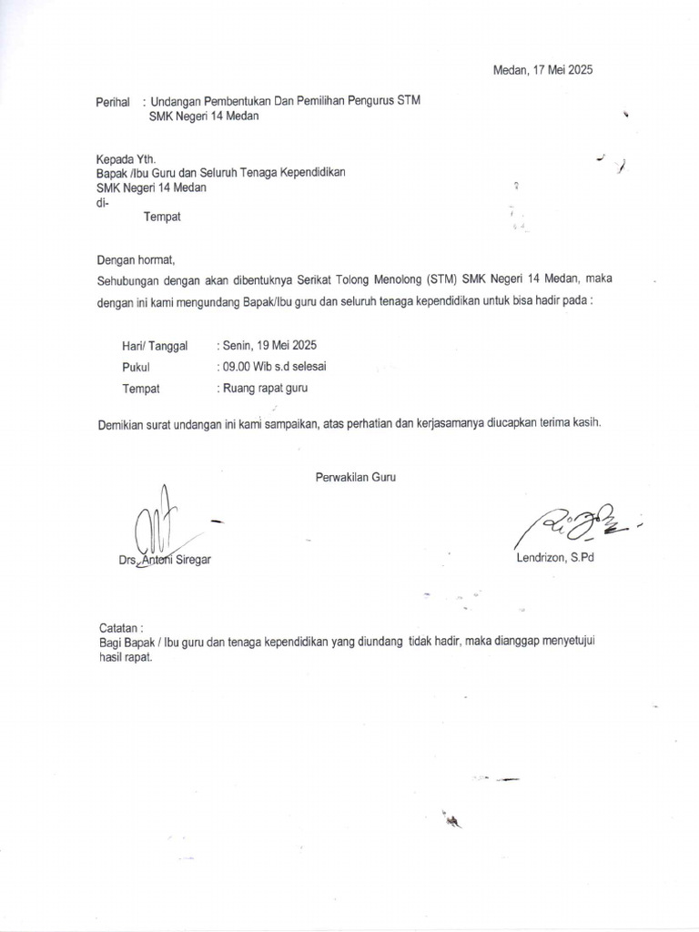 Undangan Pembentukan Dan Pemilihan Pengurus STM SMKN 14 Medan | PDF