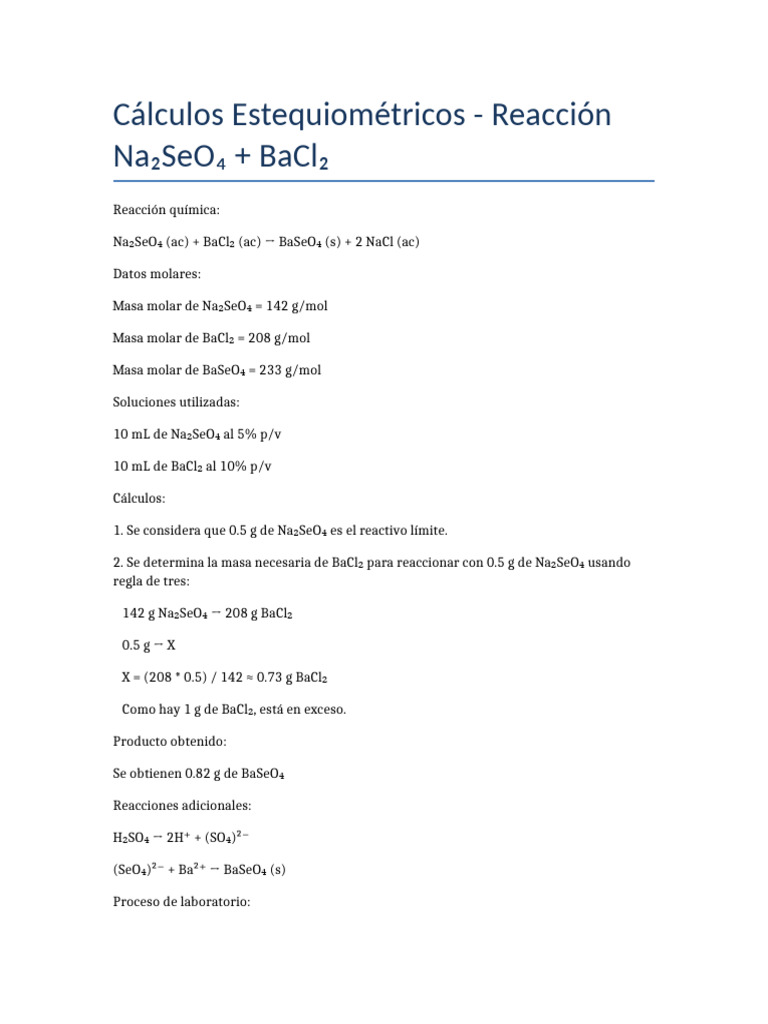 Calculos Estequiometricos Na2SeO4 BaCl2 | PDF