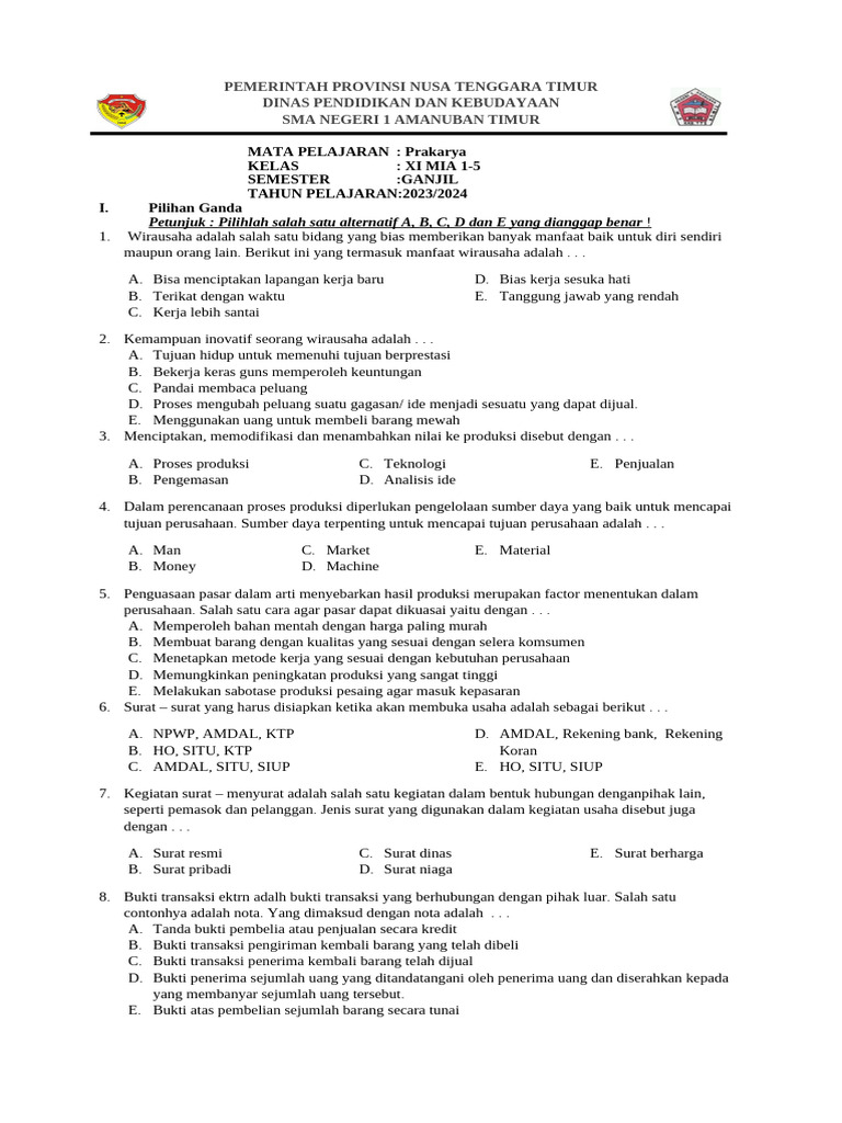 Soal Prakarya Kelas IX | PDF