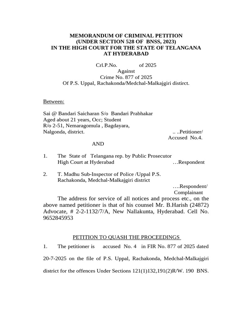 Quash Petition for Crime No. 877/2025 | PDF | Crimes | Crime & Violence