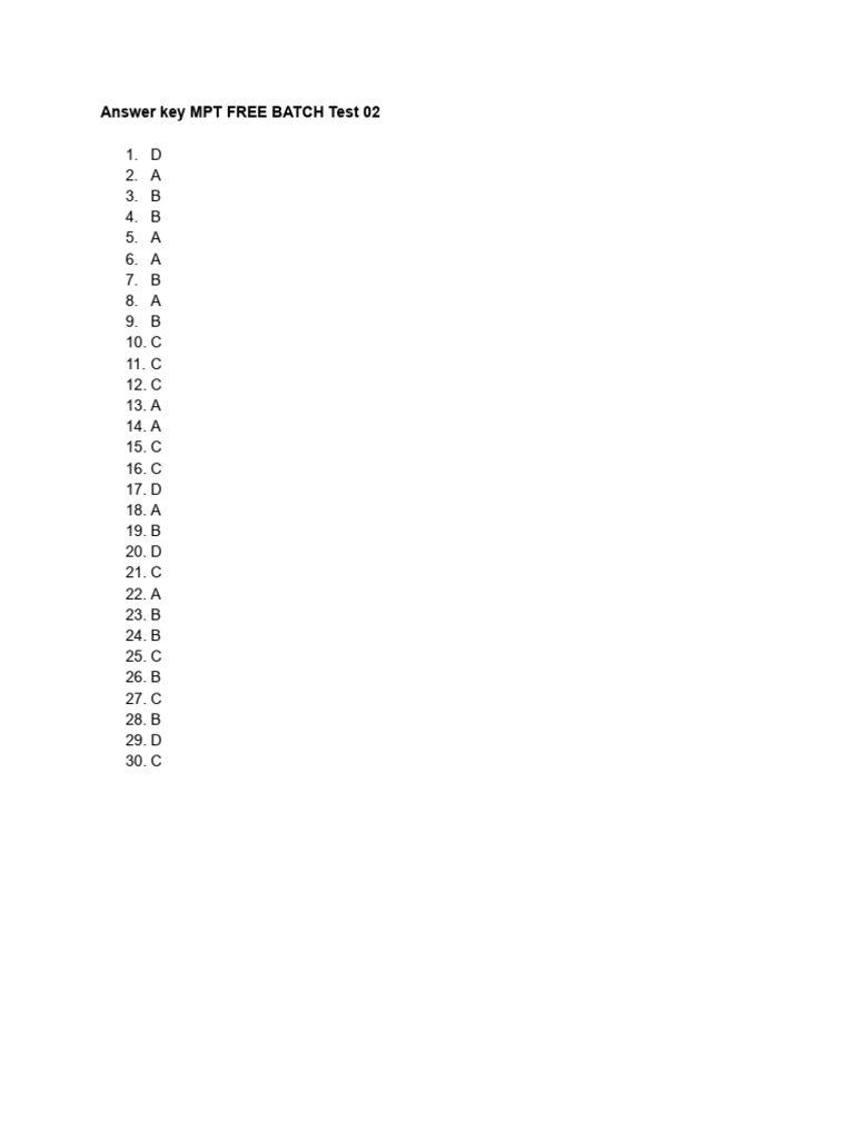Answer Key MPT Free Batch Test 02 | PDF