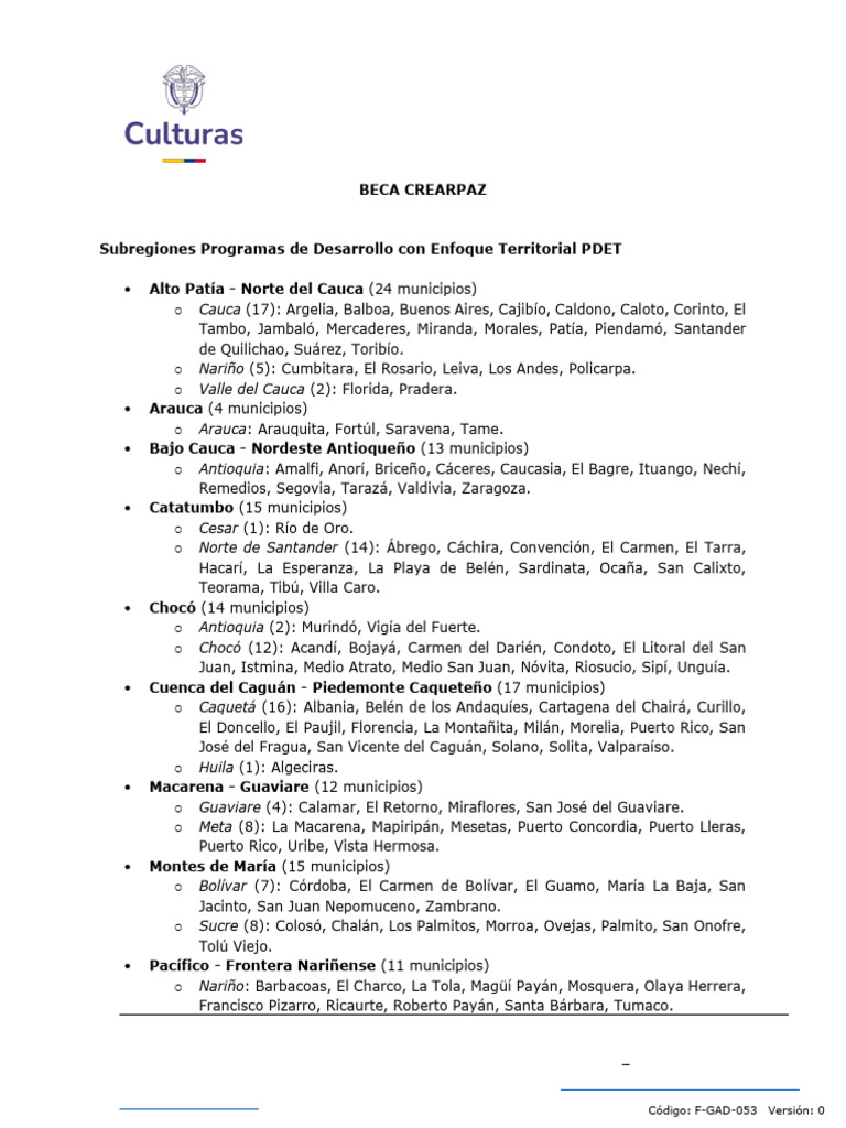 Anexo 9. Listado de Subregiones y Municipios Pdet | PDF | Colombia | Comunidad andina