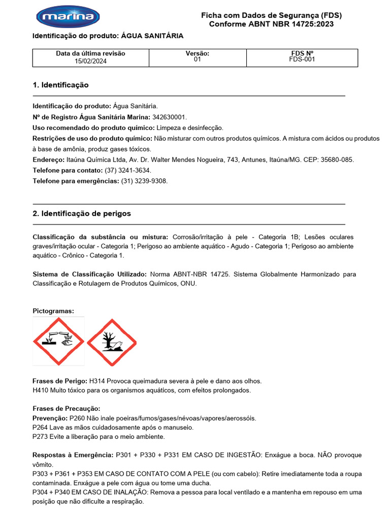 Fds-001 Água Sanitária | PDF
