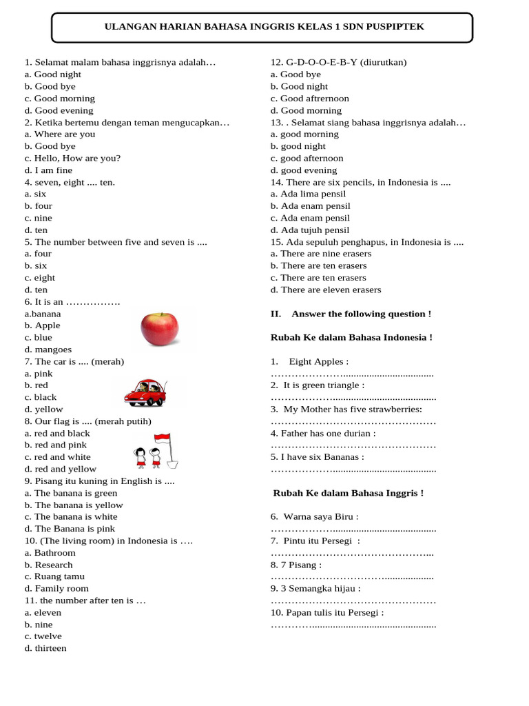 Ulangan Harian Bahasa Inggris Kelas 1 | PDF | Chess Theory | Chess