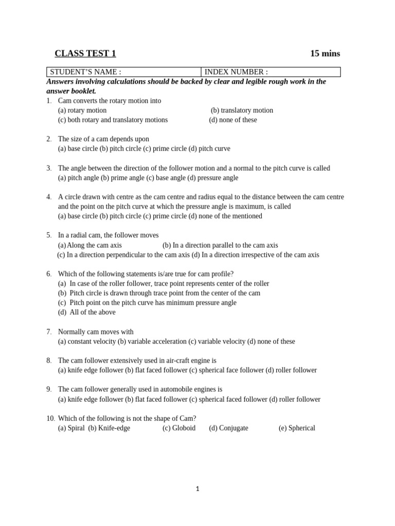 Cam Mechanics Class Test Questions | PDF
