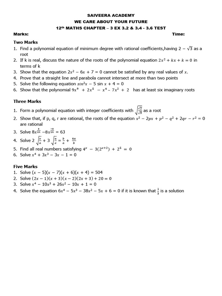 12th Maths Chapter - 3 Ex 3.2 & 3.4 - 3.6 Test | PDF