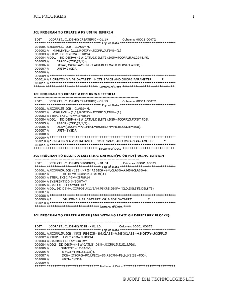 JCL Programs 1: JCL Program To Create A Ps Using Iefbr14 | PDF ...
