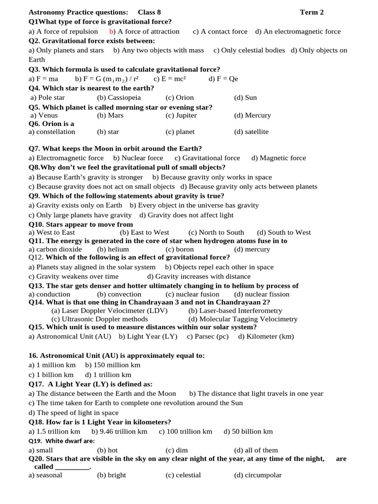 Class 8 Astronomy Practice Questions | PDF | Planets | Moon