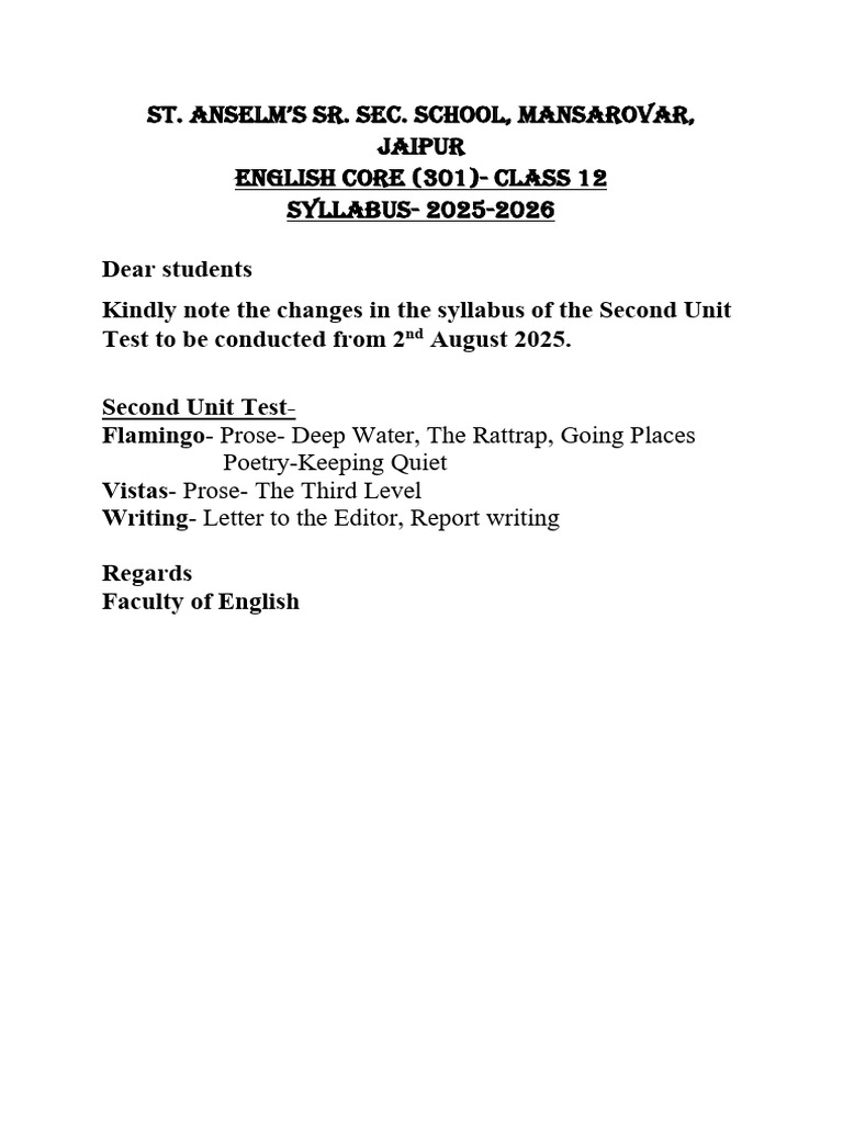 UT2 Class 12 English Core Syllabus August 2025 | PDF