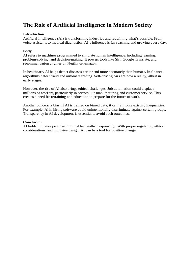 The Role of Artificial Intelligence in Modern Society | PDF