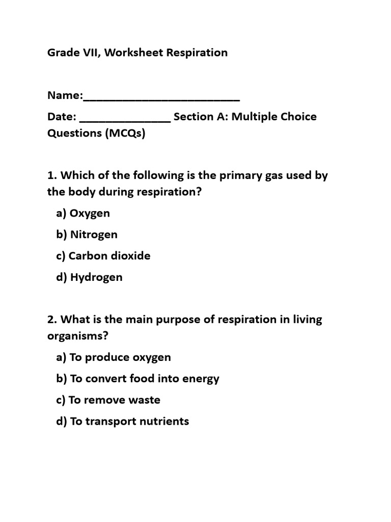 Grade VII, Worksheet Respiration | PDF
