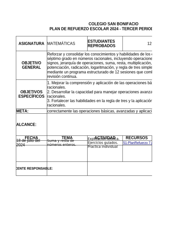 Plan de Refuerzo 3 Periodo S Ptimo | PDF | Maestros | Oración (Lingüística)