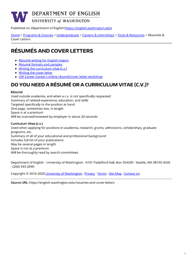 Resumes and Cover Letter Washington Uni | PDF