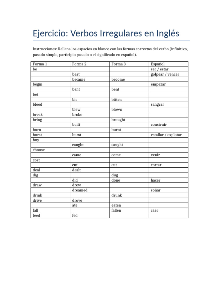 Verbos Irregulares Ejercicio | PDF