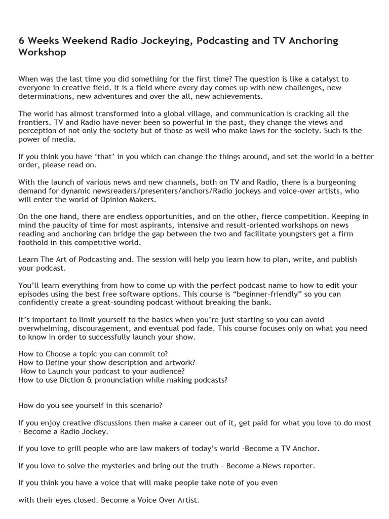 Radio Jockey, TV Anchoring and Podcasting Workshop | PDF | Mass Media