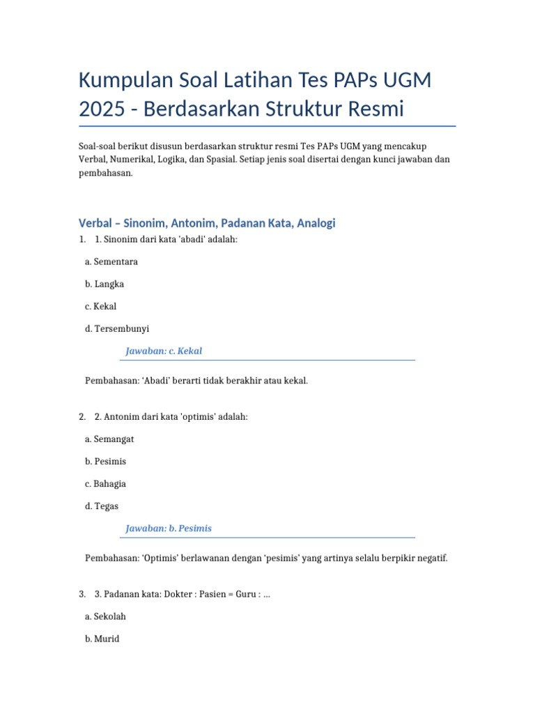 Soal Latihan Tes PAPs UGM 2025 | PDF