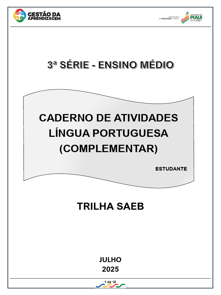 Caderno de Atividades Complementar Trilha Saeb (Julho) - Estudante - 3 Série Ensino Médio | PDF ...