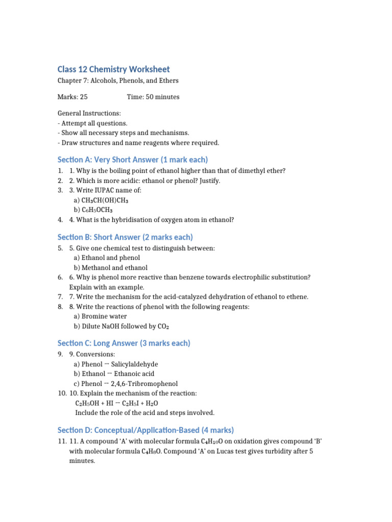 Class 12 Chemistry Worksheet Alcohols Phenols Ethers | PDF