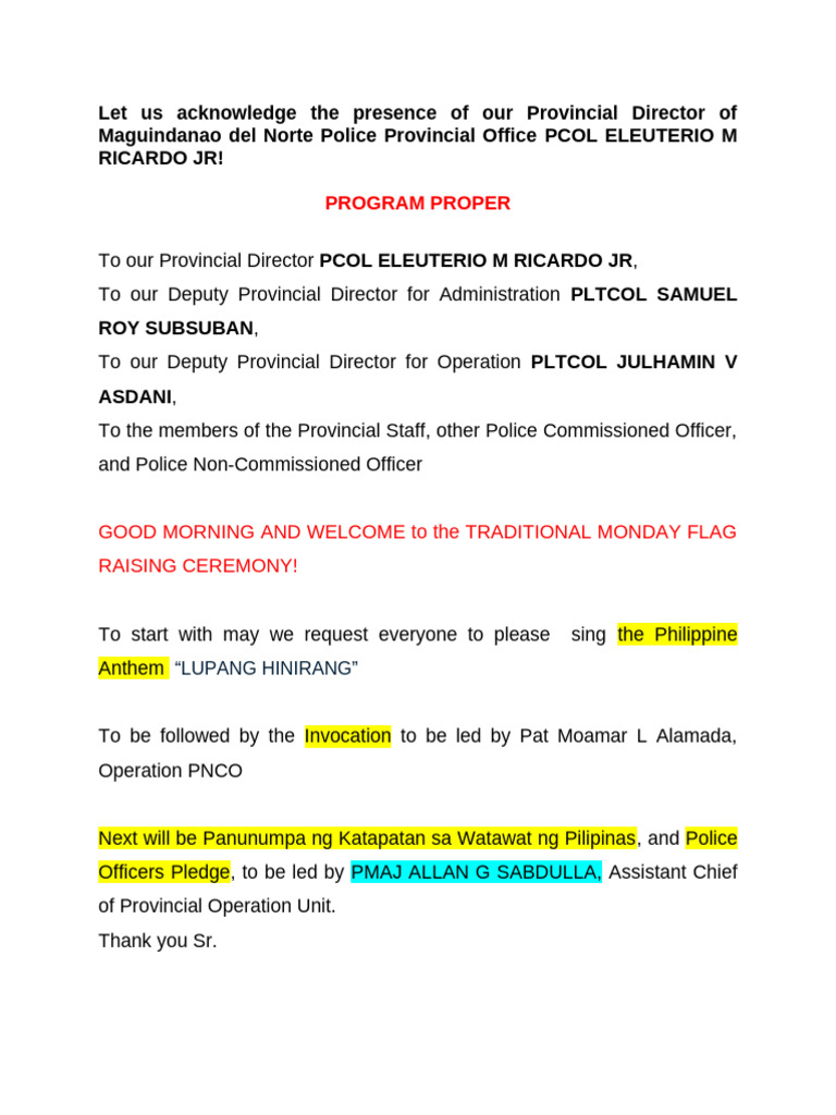 Traditional Flag Raising Ceremony Program | PDF