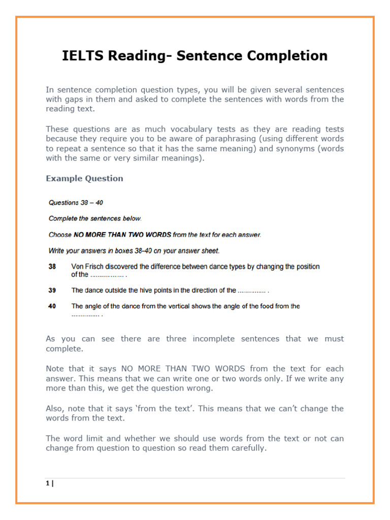 IELTS Reading: Sentence Completion Guide | PDF | Adverb | Linguistics