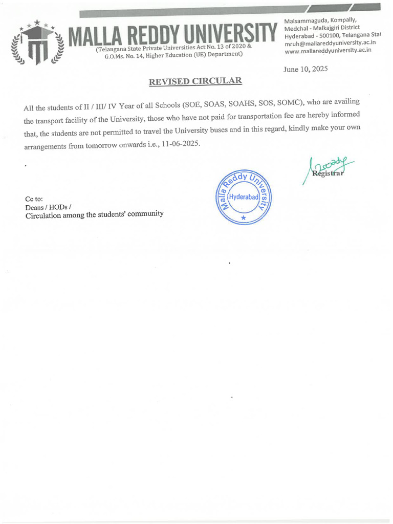 Revised Students Circular For Transportation | PDF