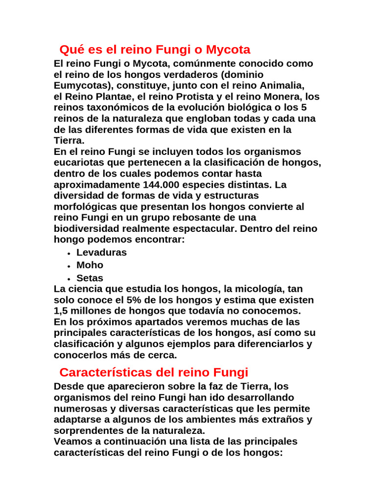 Introducción al Reino Fungi: Características y Clasificación | PDF ...