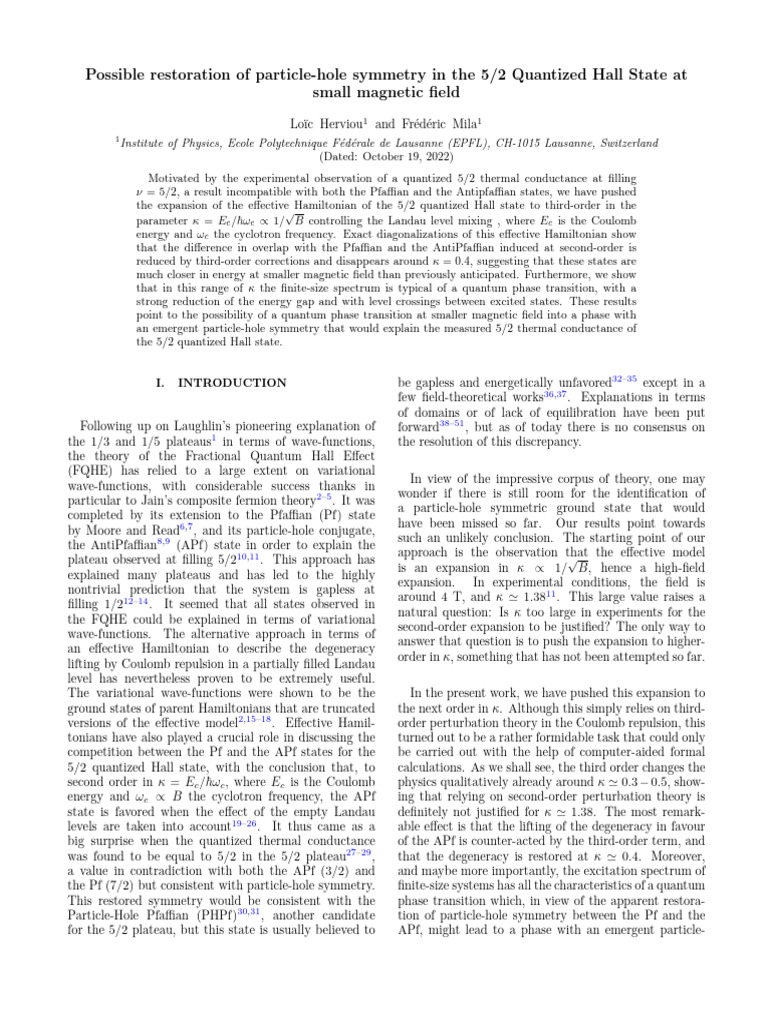Restoration of Particle-Hole Symmetry in 5/2 QHE | PDF | Perturbation ...