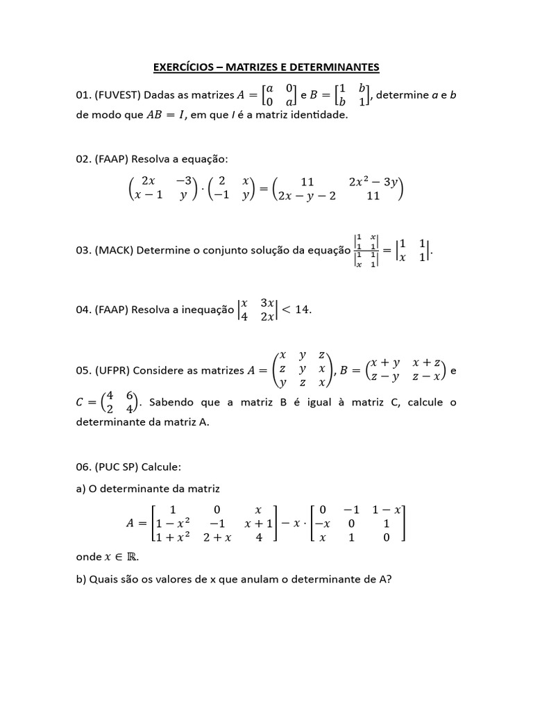 Exercícios - Matrizes e Determinantes | PDF | Matriz (Matemática ...