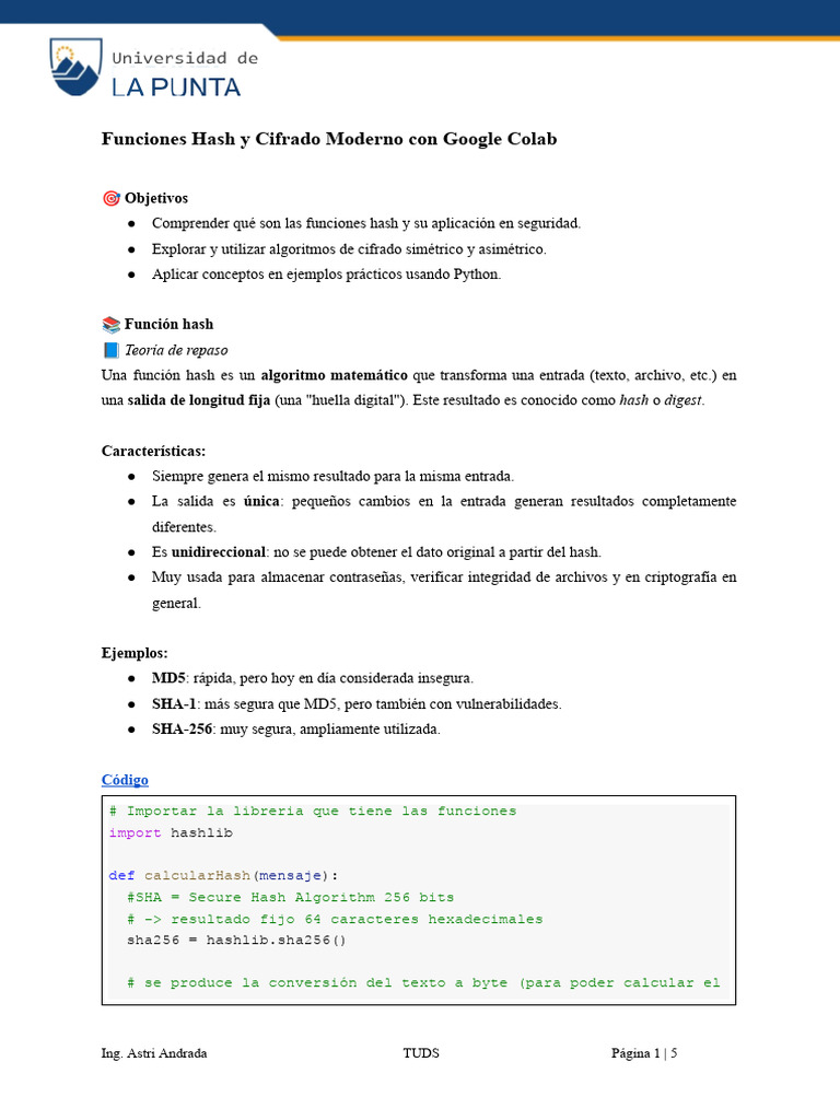 Funcion Hash y Cifrado Moderno Con Google Colab | PDF | Clave (criptografía) | Cifrado