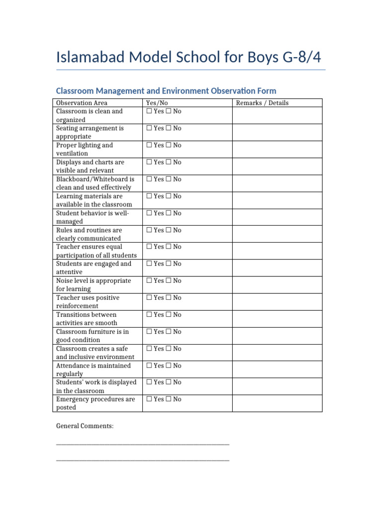 Classroom Management Observation Form IMSB G8 4 | PDF