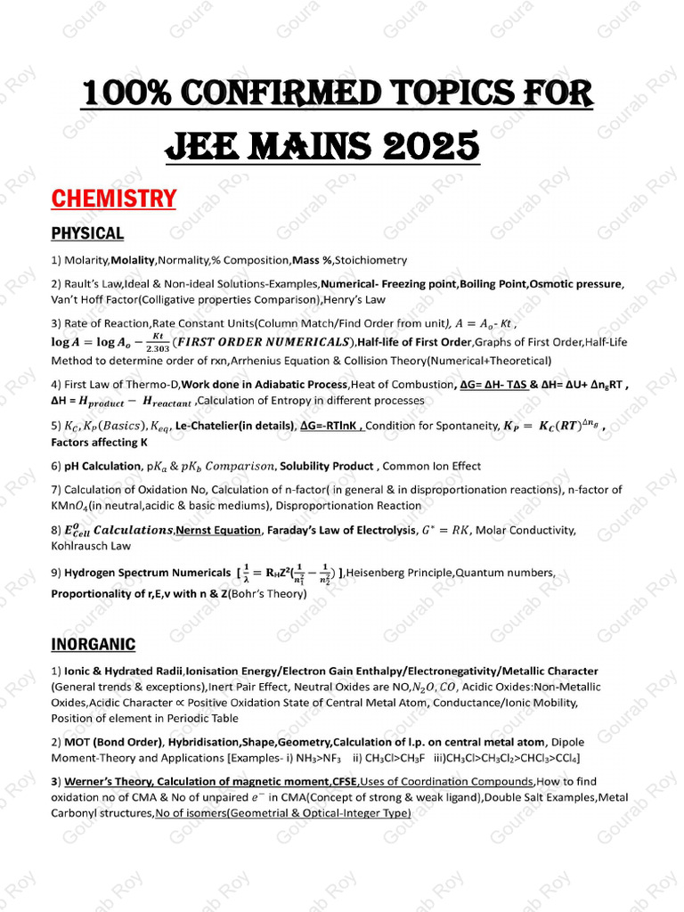 100% Confirmed Topics For JEE Mains 2025 Chemistry | PDF