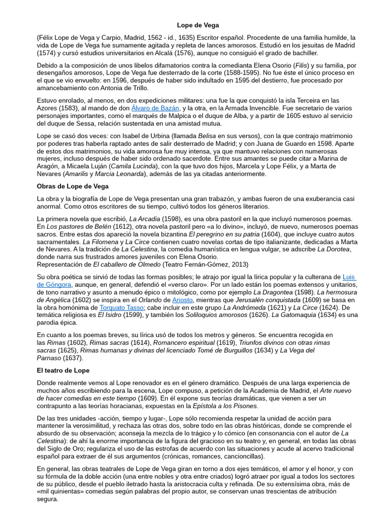 Biografía y obras de Lope de Vega | PDF