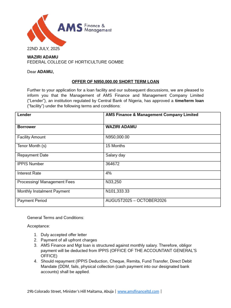 WAZIRI ADAMU OFFER LETTER (AutoRecovered) | PDF | Loans | Banks