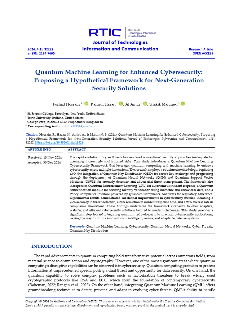 Quantum Machine Learning For Enhanced Cybersecurity Proposing A ...