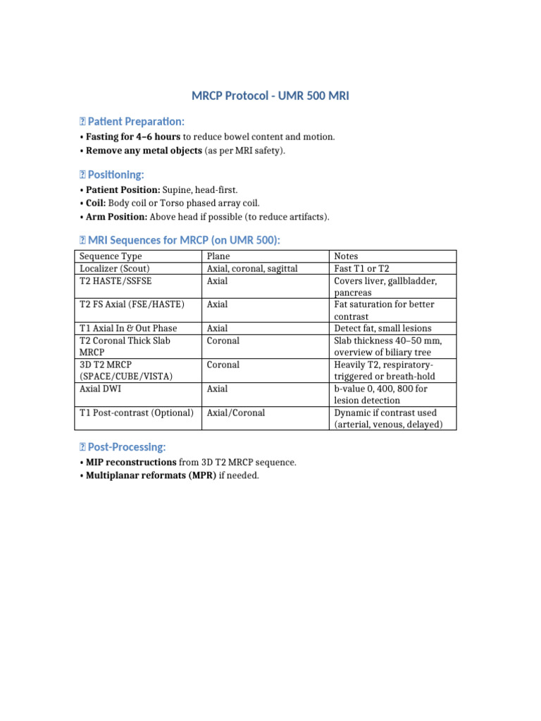 MRCP MRI Protocol Overview | PDF