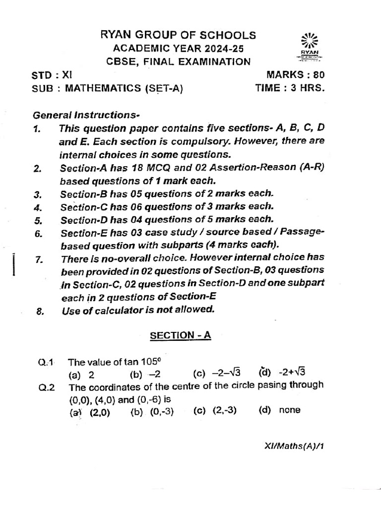 Maths Questions Paper SET A | PDF