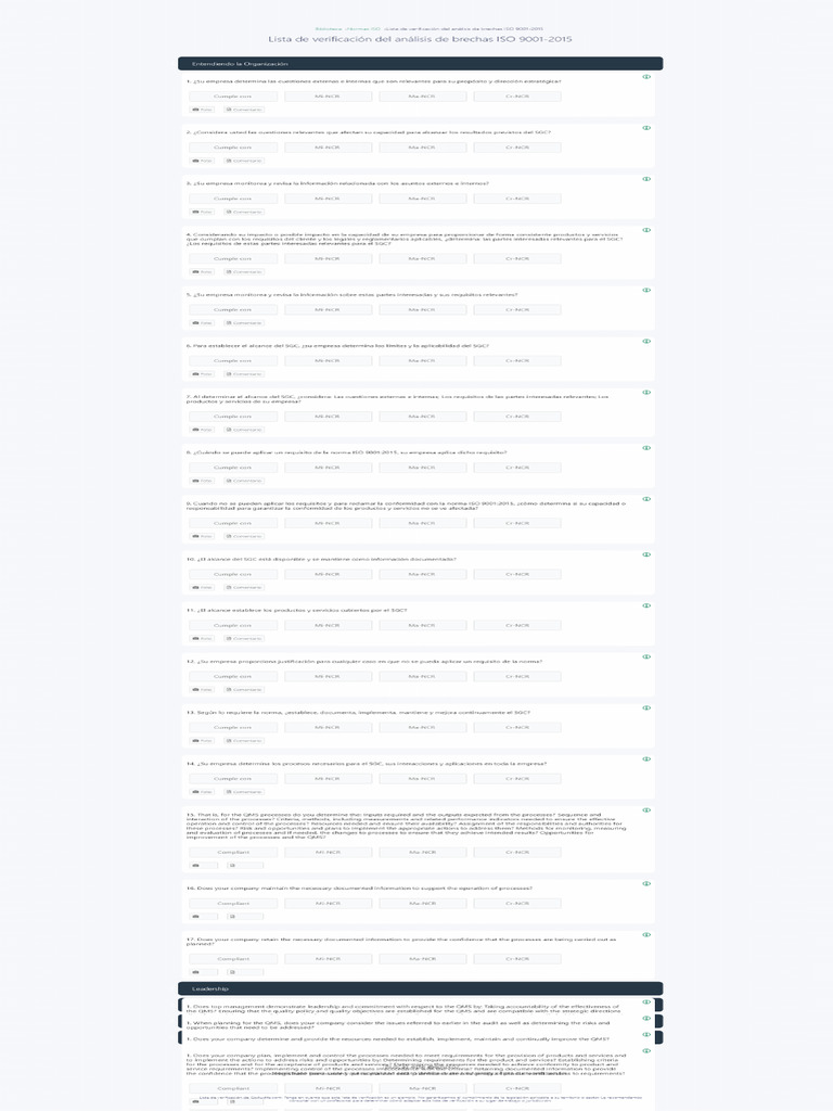 GoAudits - ISO 9001-2015 Gap Analysis Checklist (Sample) | PDF