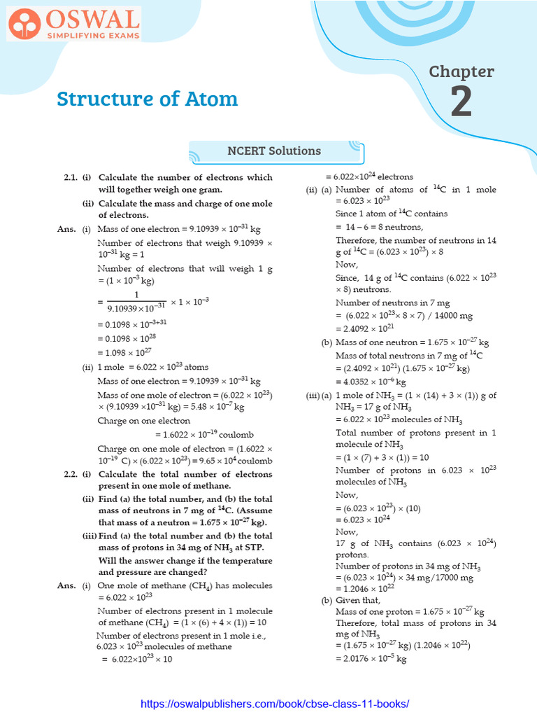 NCERT Solutions For Class 11 Chemistry Chapter 2 Structure of Atom | PDF | Electronvolt | Wavenumber