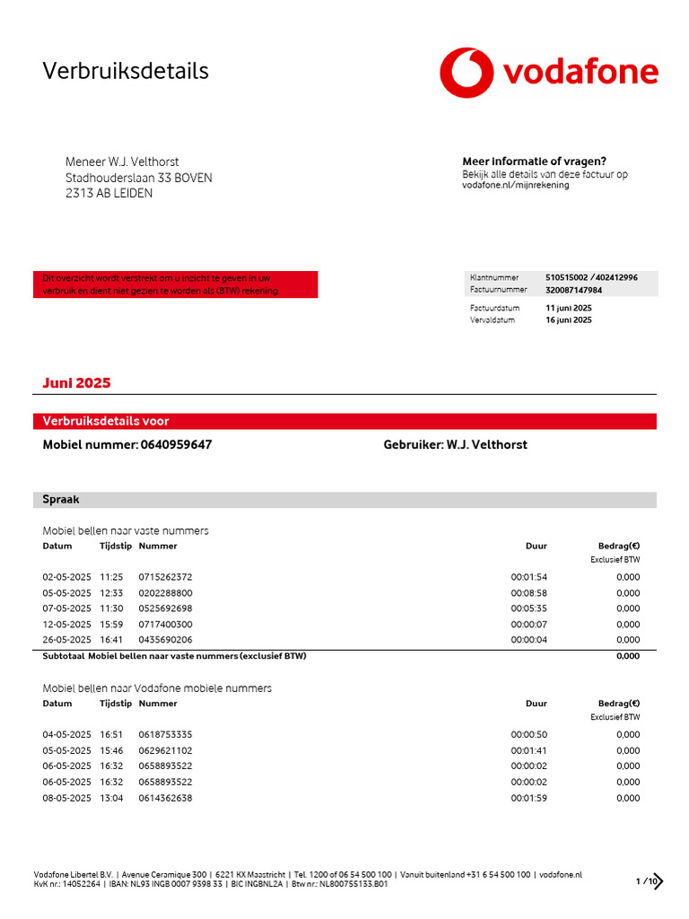 Vodafone Rekening Mobiel 6 2025 320087147984 Specificatie | PDF