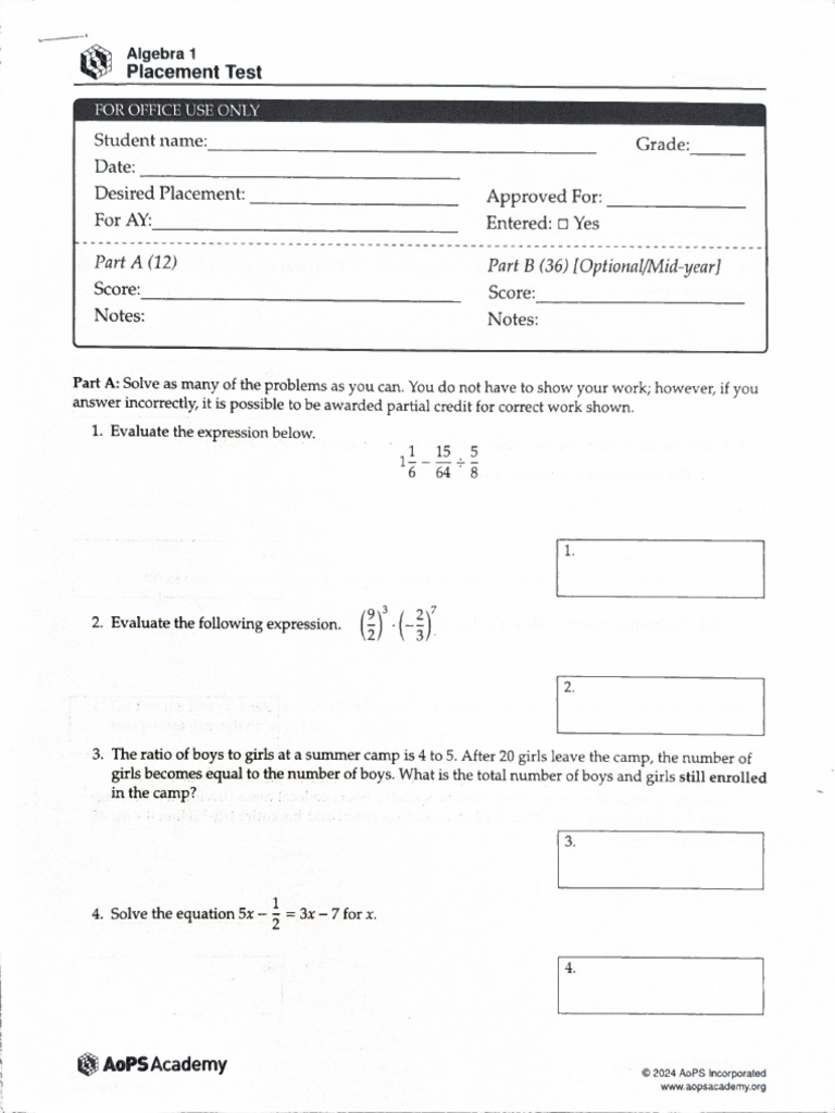 Algebra 1 Placement Test | PDF