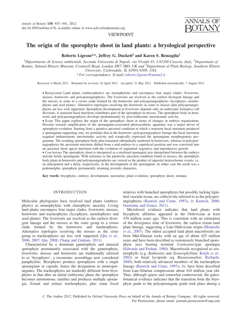 Roberto Ligrone, Jeffrey G. Duckett and Karen S. Renzaglia. The Origin ...