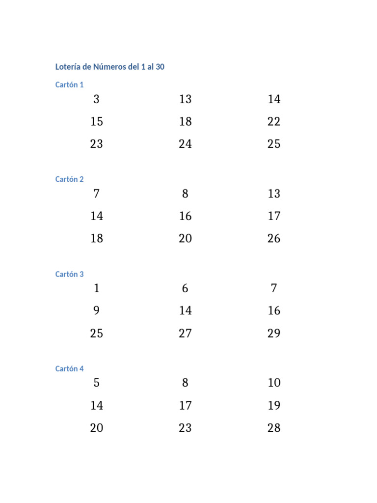 Lotería Números 1 Al 30 | PDF