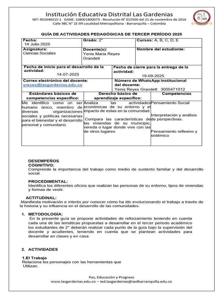 2° Guía de Actividades Ciencias Sociales 3P | PDF | Maestros | Aprendizaje