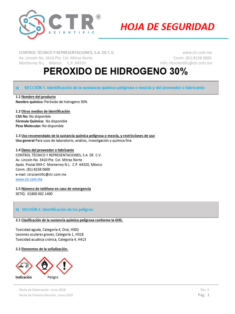 Hoja de Seguridad: Peróxido de Hidrógeno 30% | PDF | Agua | Química