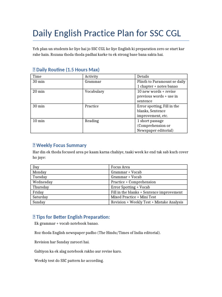 SSC CGL Daily English Plan | PDF