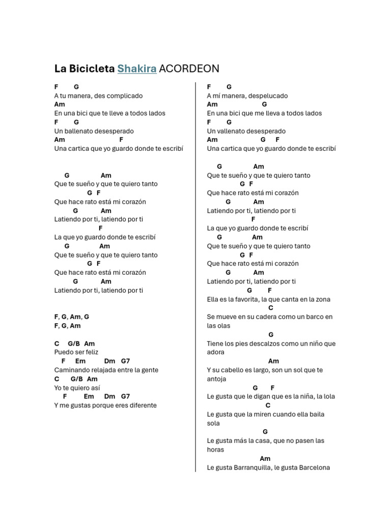 La Bicicleta Shakira ACORDEON | PDF | Musica en español
