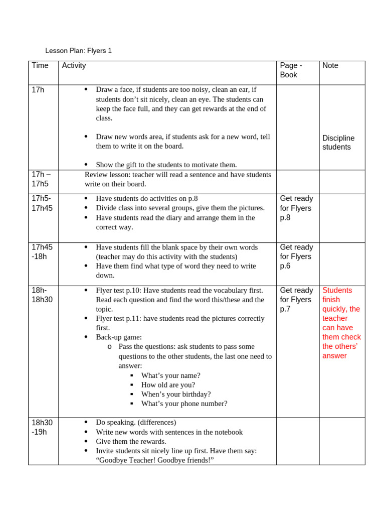 Flyers 1 Lesson Plan Overview | PDF | Learning | Human Communication