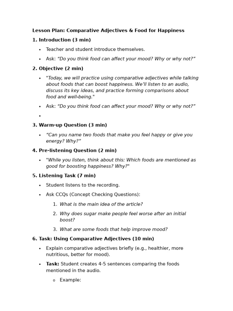 Food and Happiness Lesson Plan | PDF
