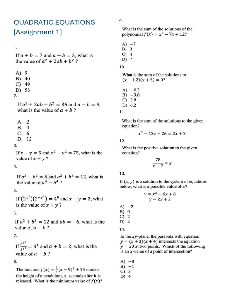 Quadratic Equation Assignment 1 | PDF