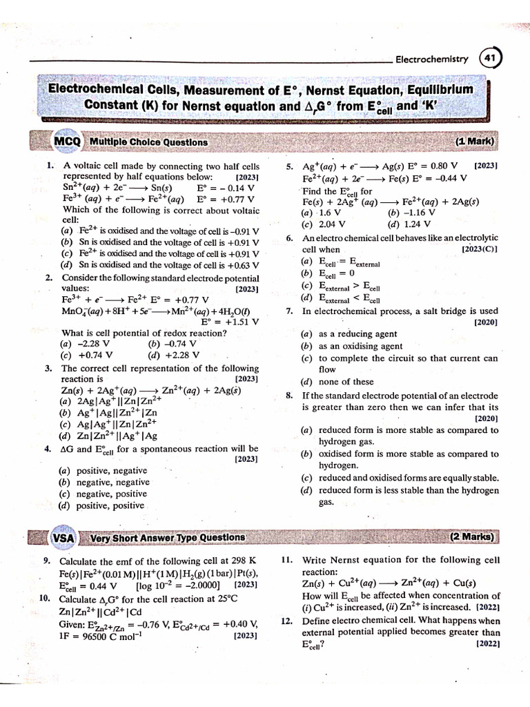 Electrochemistry Pyq | PDF